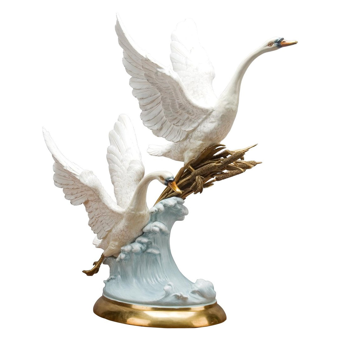 Double Flying Swan Sculpture-Porcelain & Bronze — AllSculptures