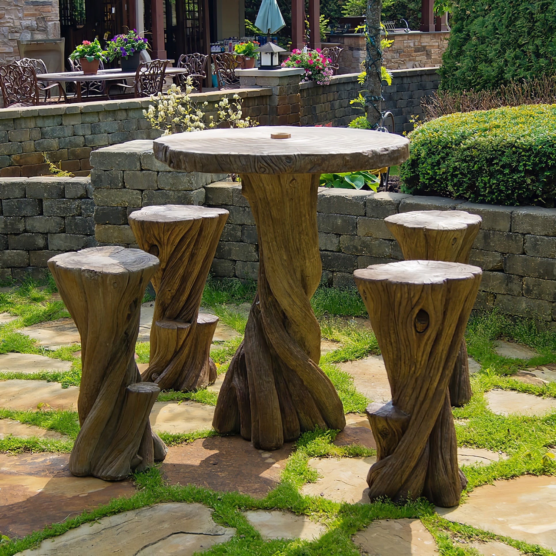 Twisted Tree Hi-Top Table Set-Cast Stone | Outdoor Use — AllSculptures
