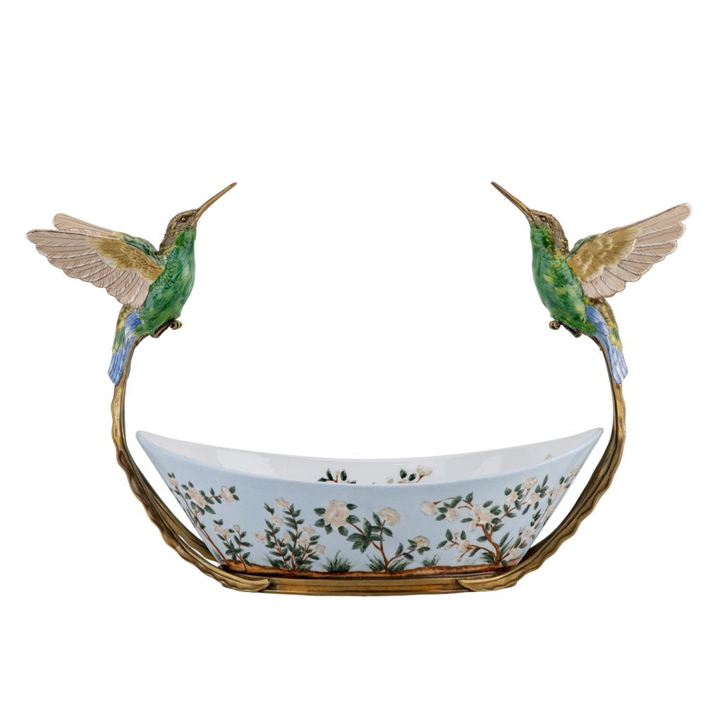 Hummingbirds Bowl-Porcelain & Bronze — AllSculptures
