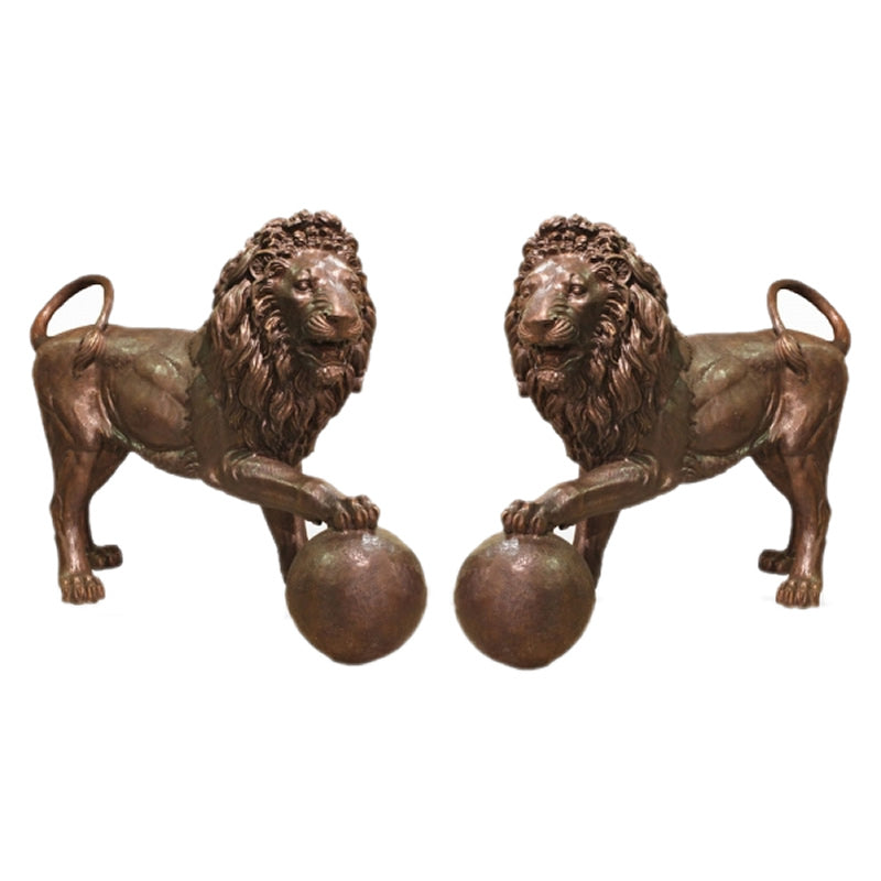 Bronze Lion on Ball Sculpture-Pair — AllSculptures