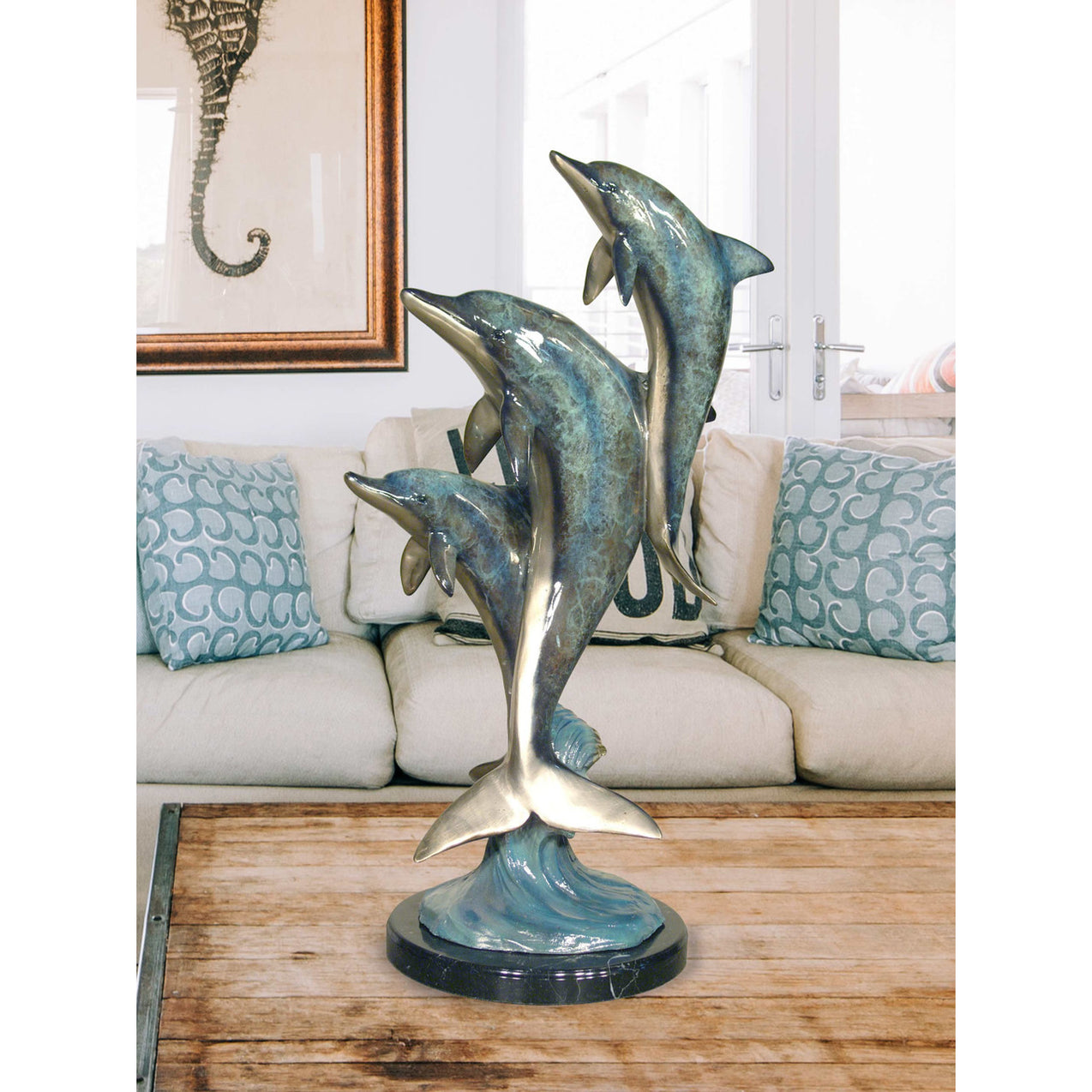 Triple Dolphin Table Top Nickel Plated Sculpture — AllSculptures