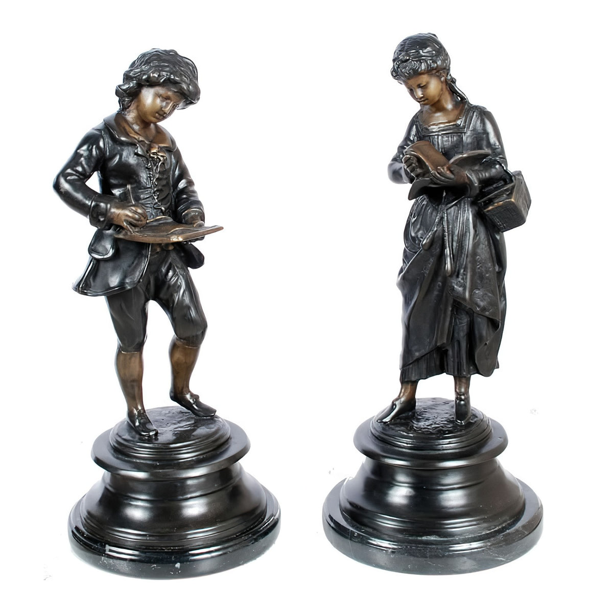 Bronze French Boy & Girl Reading Sculpture-Set — AllSculptures