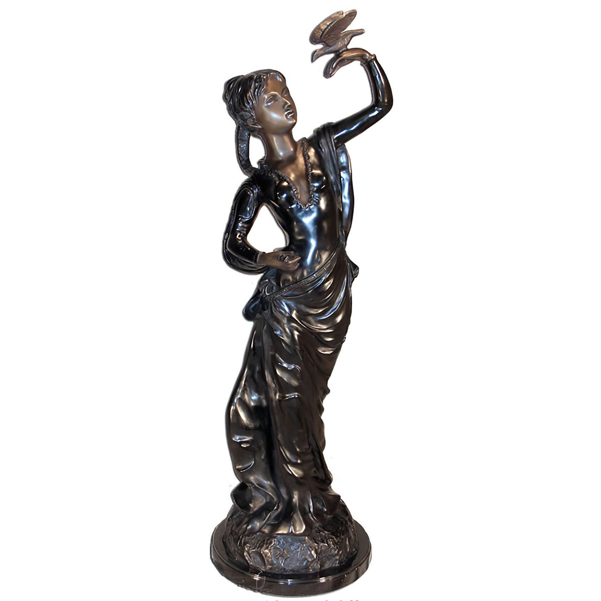 Bronze Lady with Bird Sculpture on Marble Base — AllSculptures
