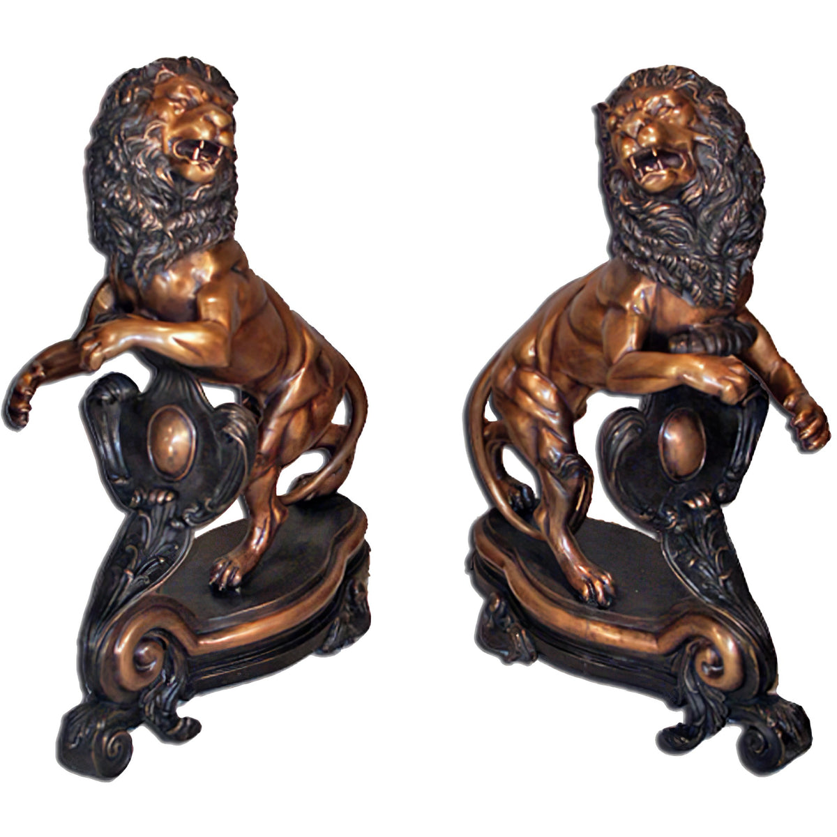 Bronze Lion With Shield Andirons-Pair — AllSculptures