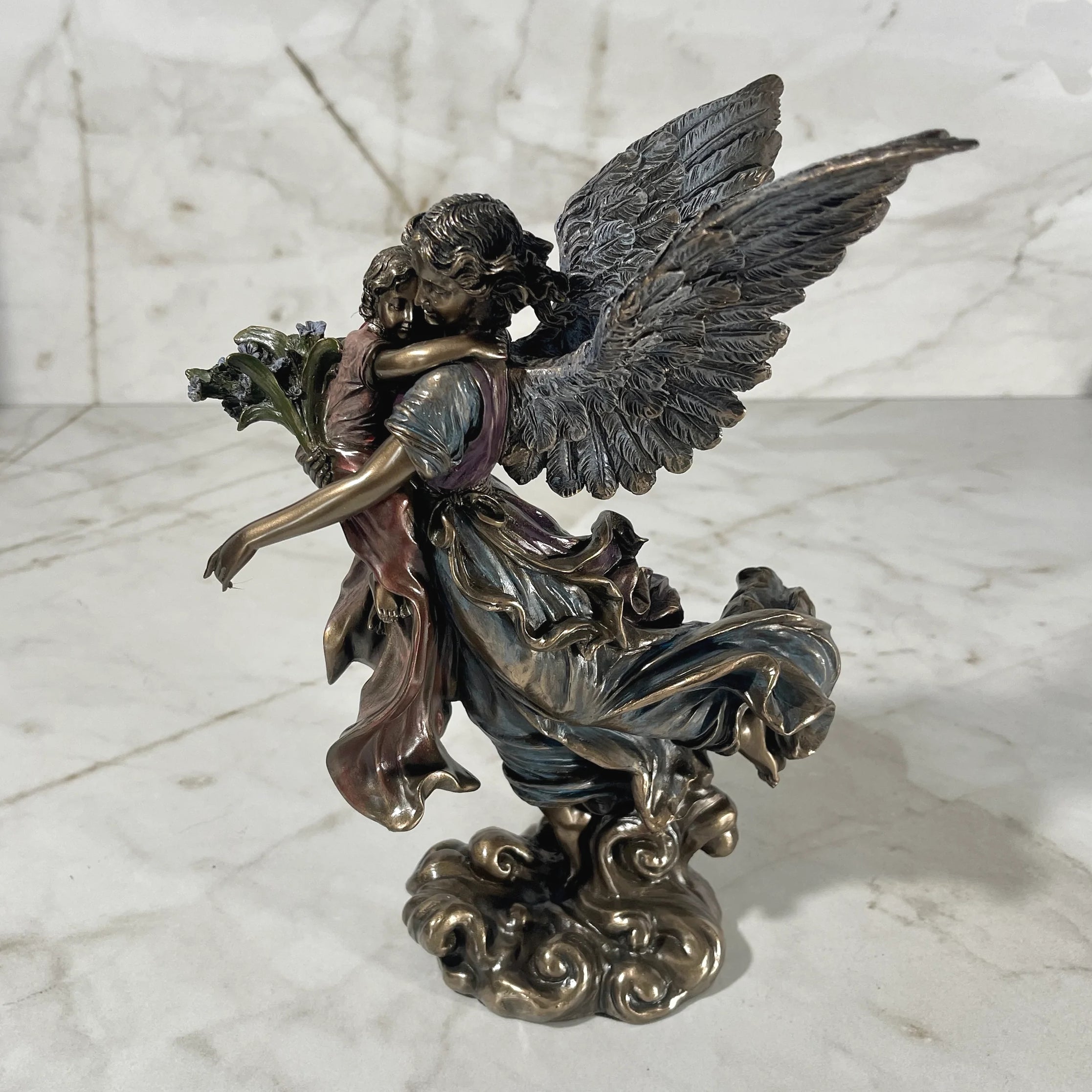 Guardian Angel Holding Child And Flowers Statue — AllSculptures
