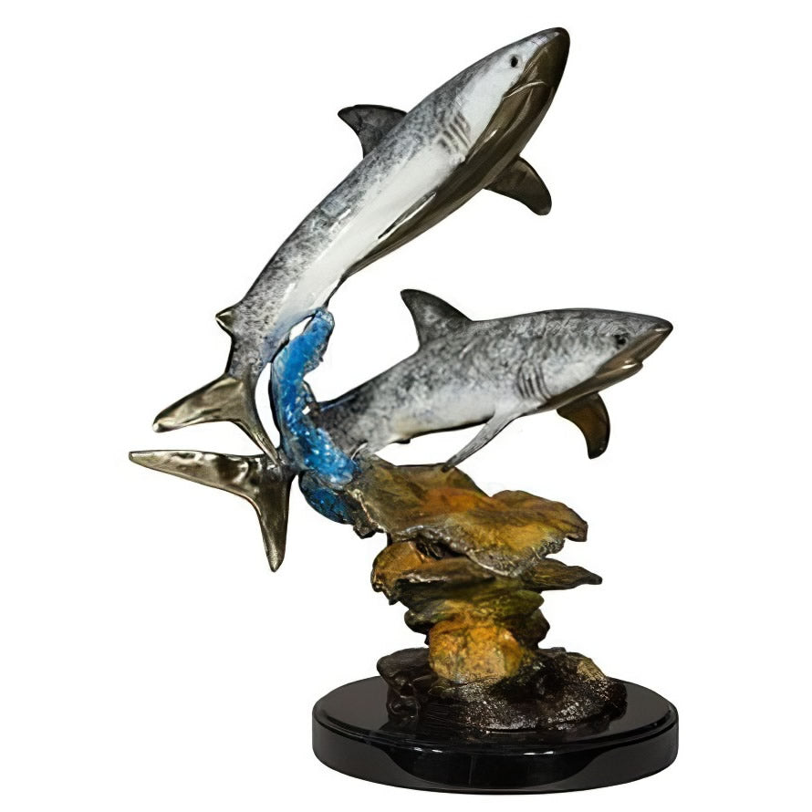 Two Sharks Sculpture on Marble Base — AllSculptures